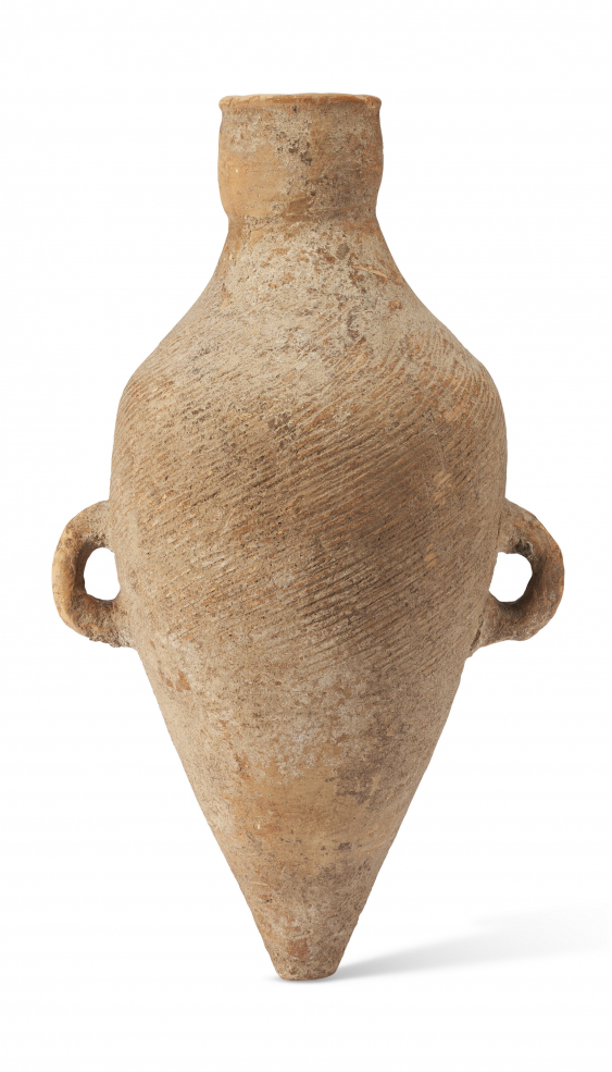 A CORD-MARKED POTTERY BOTTLE WITH TWO HANDLES