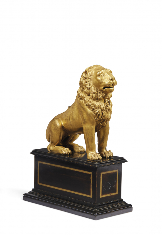 A SEATED GILT-BRONZE MODEL OF A LION, FORMERLY AN AUTOMATON ELEMENT