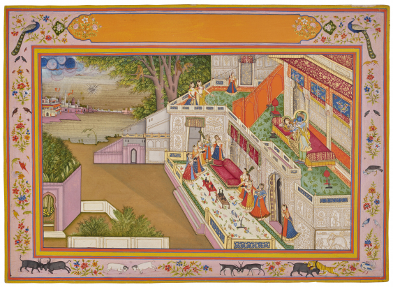 AN ILLUSTRATION FROM A SAT SAI SERIES: KRISHNA AND RADHA RECLINING ON A ...