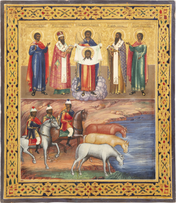 IKONE MIT DEN HEILIGEN FLORUS, LAURUS, MODEST UND BLASIUS