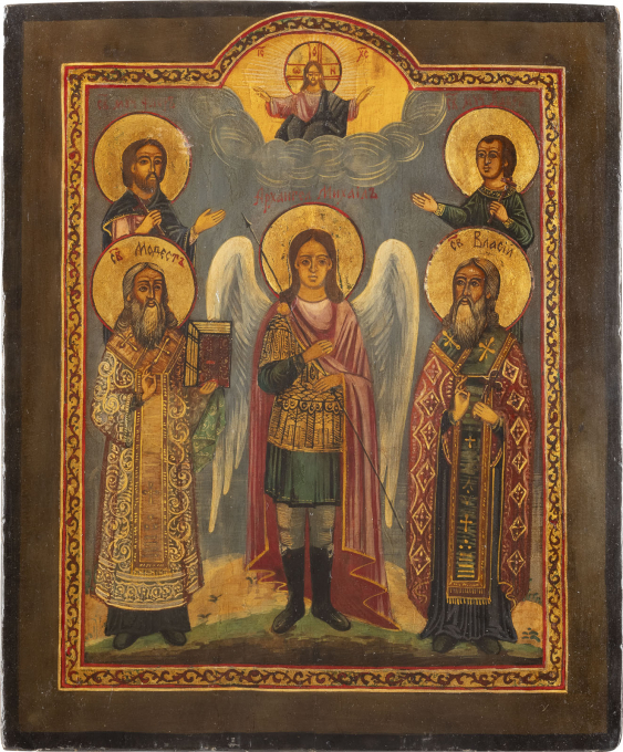 IKONE MIT DEM ERZENGEL MICHAEL FLANKIERT VON DEN TIERPATRONEN FLORUS, LAURUS, BLASIUS UND MEDOST ...