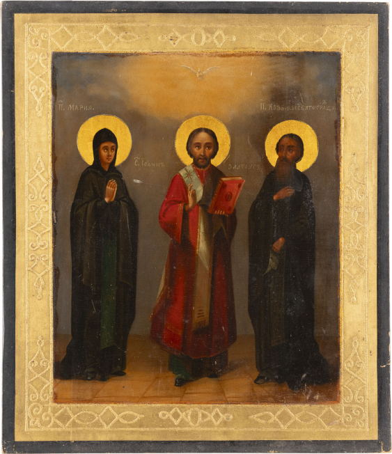IKONE MIT DEM HEILIGEN JOHANNES CHRYSOSTOMUS FLANKIERT VON ZWEI HEILIGEN — Entdecken Sie seltene ...