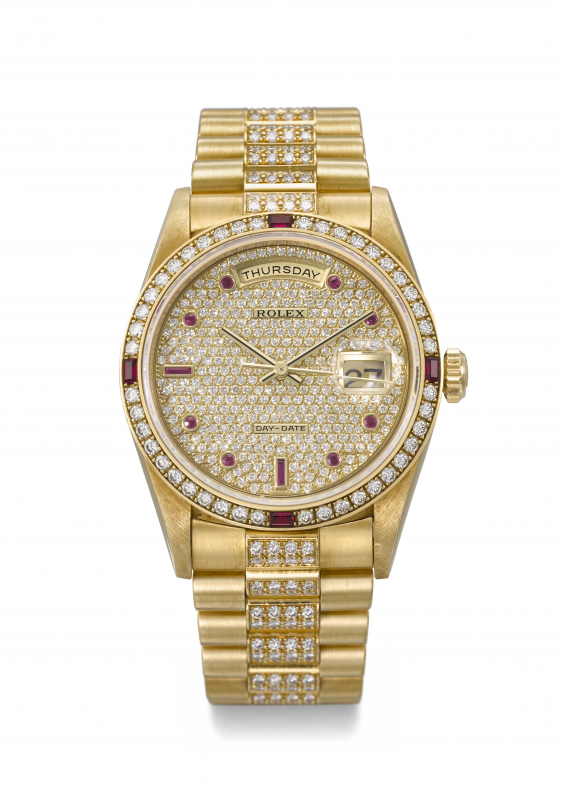 ROLEX. A VERY RARE AND HIGHLY ATTRACTIVE 18K GOLD, DIAMOND AND RUBY-SET ...