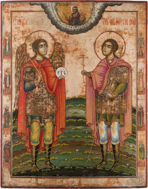 A MONUMENTAL ICON SHOWING THE ARCHANGEL MICHAEL AND ST. GEORGE