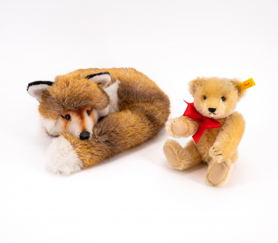 STEIFF BEAR AND STEIFF FOX MADE OF MOHAIR PLUSH, GLASS AND WOOL
