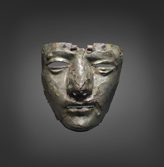 A ROMAN IRON AND TINNED BRASS MASK FROM A CAVALRY HELMET