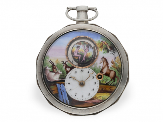 Pocket watch: large Adam & Eve automaton with elaborate ename…
