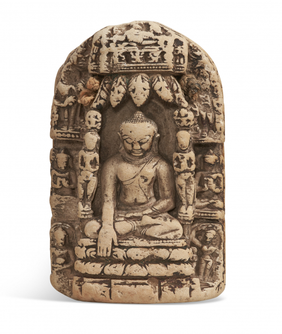 A SILTSTONE VOTIVE STELE OF BUDDHA SHAKYAMUNI WITH THE EIGHT GREAT MOMENTS