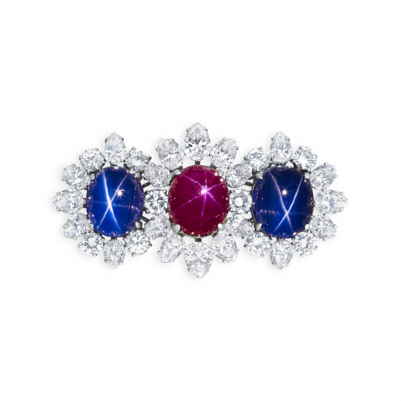 BULGARI STAR RUBY, STAR SAPPHIRE AND DIAMOND BROOCH