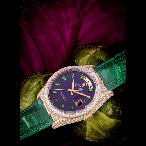 ROLEX. A RARE 18K PINK GOLD, DIAMOND AND GREEN GEMSTONE-SET AUTOMATIC ...