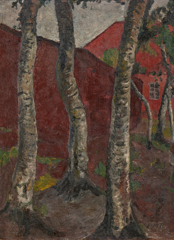 Paula Modersohn-Becker. Birkenstämme vor rotem Gehöft