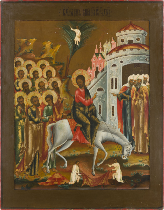 MONUMENTALE IKONE MIT DEM EINZUG CHRISTI NACH JERUSALEM AUS EINER KIRCHEN-IKONOSTASE