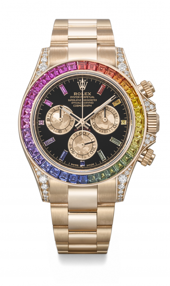 ROLEX. A VERY RARE AND IMPRESSIVE 18K PINK GOLD, DIAMOND AND MULTI ...