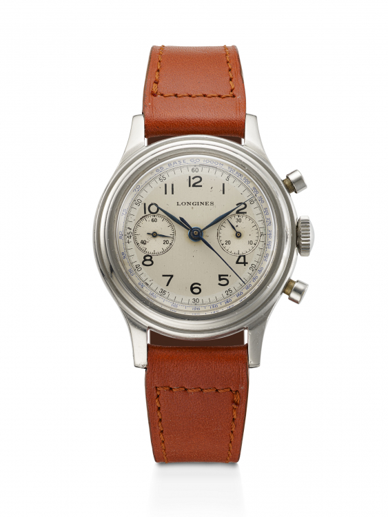 LONGINES, RARE STAINLESS STEEL FLYBACK CHRONOGRAPH WRISTWATCH, WITH TWO ...