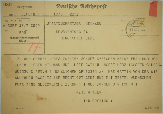 Telegramm von Goering an den Staatssekretär Neumann.