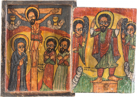 KOPTISCHES DIPTYCHON MIT DER KREUZIGUNG CHRISTI UND DER AUFERSTEHUNG