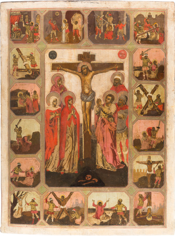 MONUMENTALE UND SELTENE IKONE MIT DER KREUZIGUNG CHRISTI UND DEN MARTYRIEN DER ZWÖLF APOSTEL