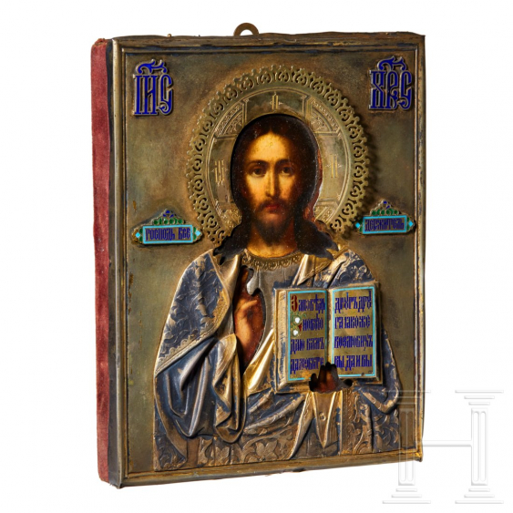 Ikone „Christus Pantokrator“ mit silbernem und teils emailliertem Oklad, um 1900 — Katalog A82m ...