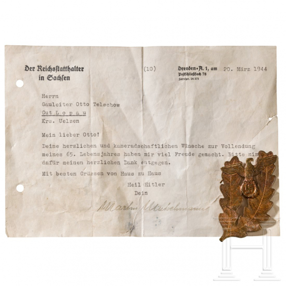 Martin Mutschmann - Dankesbrief an Gauleiter Telschow, 1944 — Katalog ...