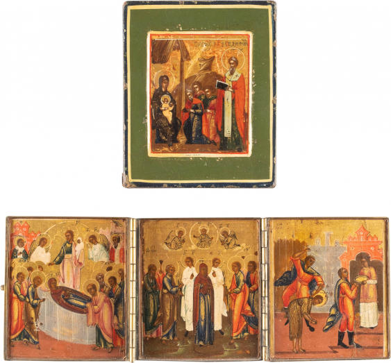 KLEINES TRIPTYCHON MIT HOCHFESTEN UND MINIATUR-IKONE MIT DER ANBETUNG CHRISTI Russland
