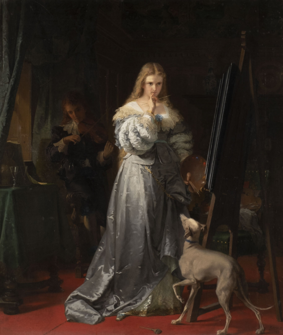 GUSTAV KURT STEVER, KÜNSTLERIN MIT HUND AN DER STAFFELEI