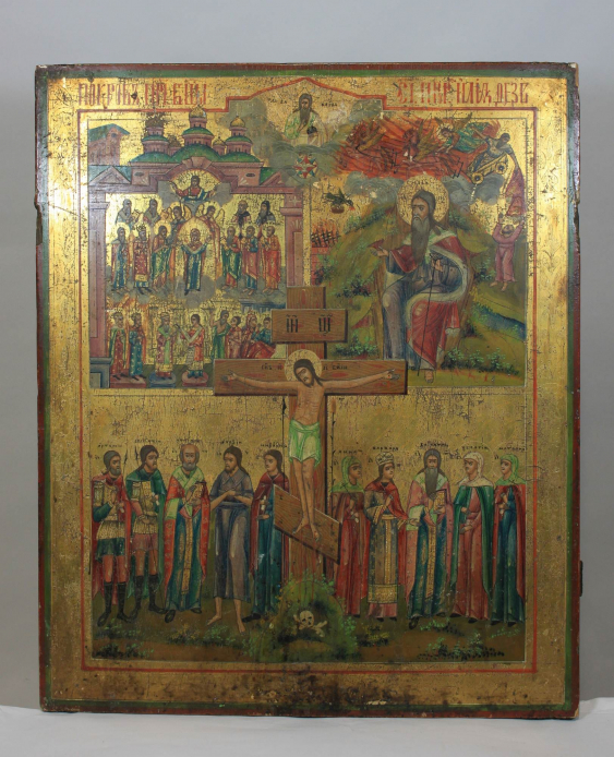 Monumentale Vierfelder-Ikone mit der Kreuzigung Christi