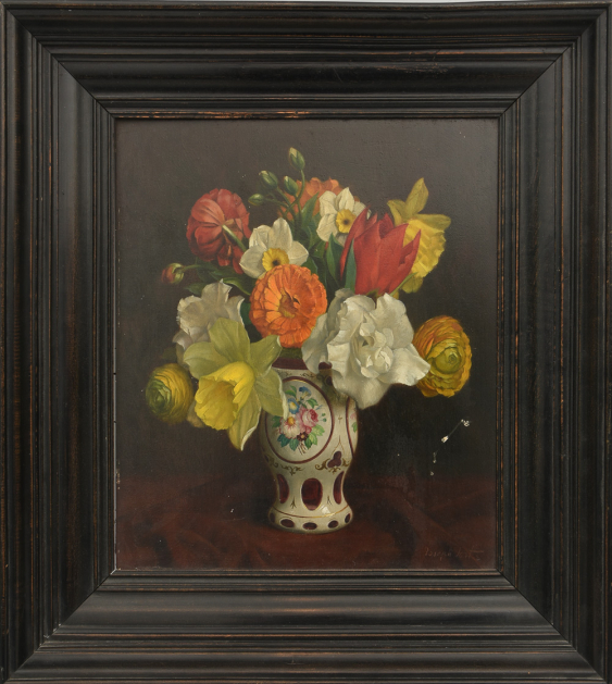 JOSEPH JOST,"Blumenstrauß in Böhmischer Glasvase", Öl auf Holz, gerahmt ...