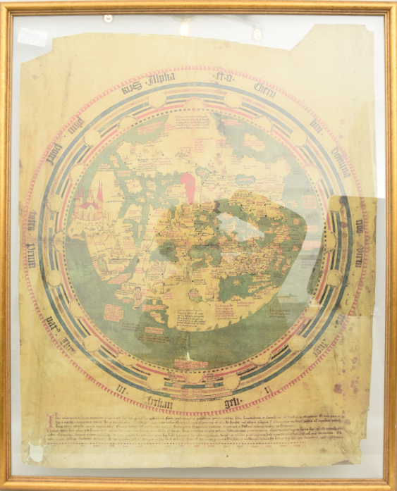 "WELTKARTE ANDREAS WALSPERGER 1448", Reprint, bedrucktes Papier hinter ...