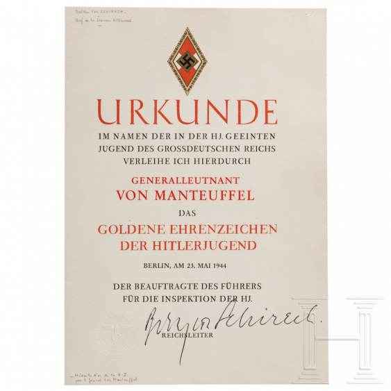 General der Panzertruppen Hasso von Manteuffel - Urkunde zum Goldenen ...