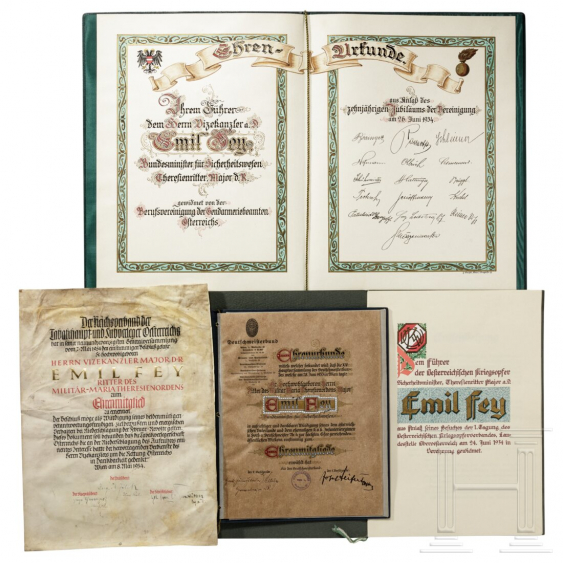 Major Emil Fey - vier Ehrenurkunden verschiedener öst. Verbände