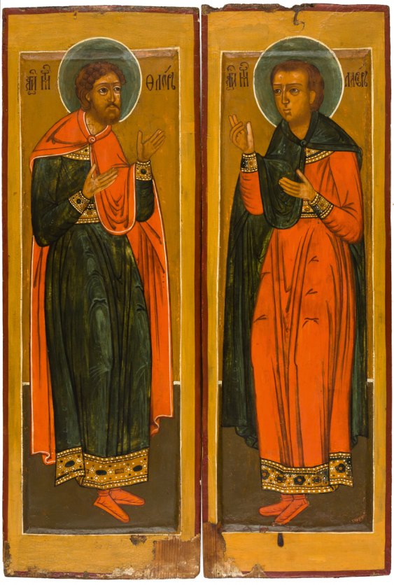 TWO VERY LARGE RUSSIAN ICONOSTASIS ICONS SHOWING ST. FLORUS AND LAURUS