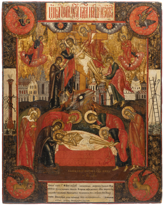 SEHR FEINE UND GROSSE IKONE MIT DER KREUZABNAHME UND GRABLEGUNG CHRISTI