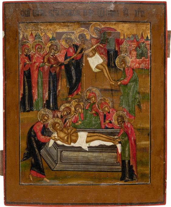 GROSSFORMATIGE IKONE MIT DER KREUZABNAHME UND GRABLEGUNG CHRISTI