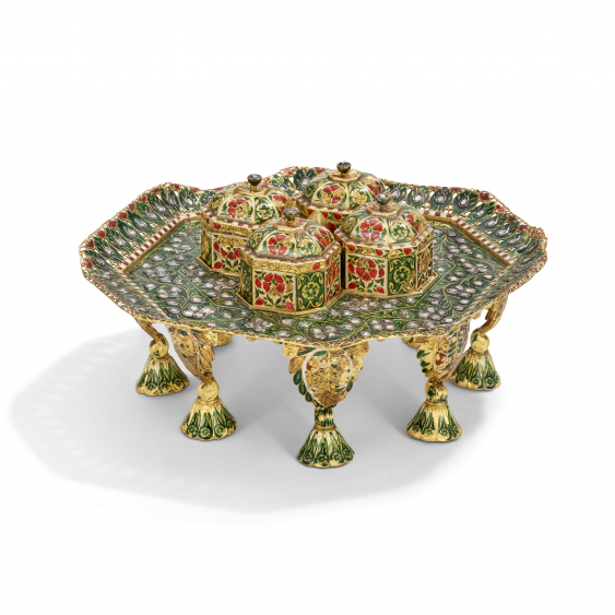 AN ENAMELLED AND DIAMOND-SET PANDAN TRAY AND BOXES