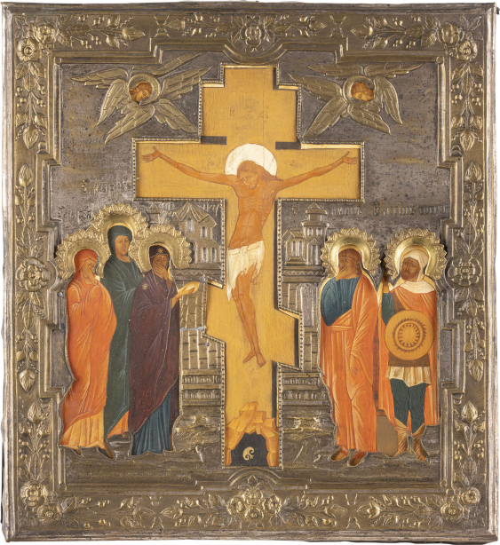 GROSSES OKLAD EINER IKONE MIT DER KREUZIGUNG CHRISTI