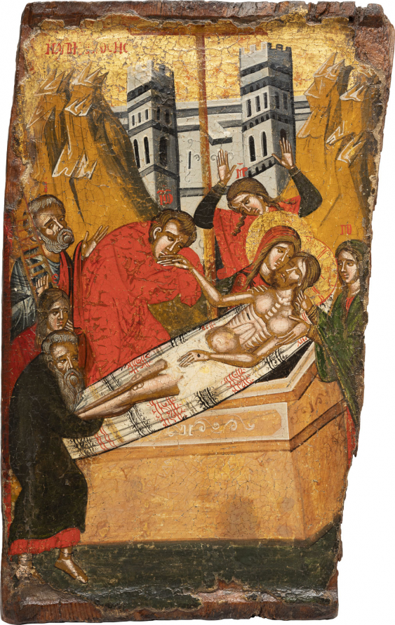 SEHR FEINE IKONE MIT DER GRABLEGUNG CHRISTI