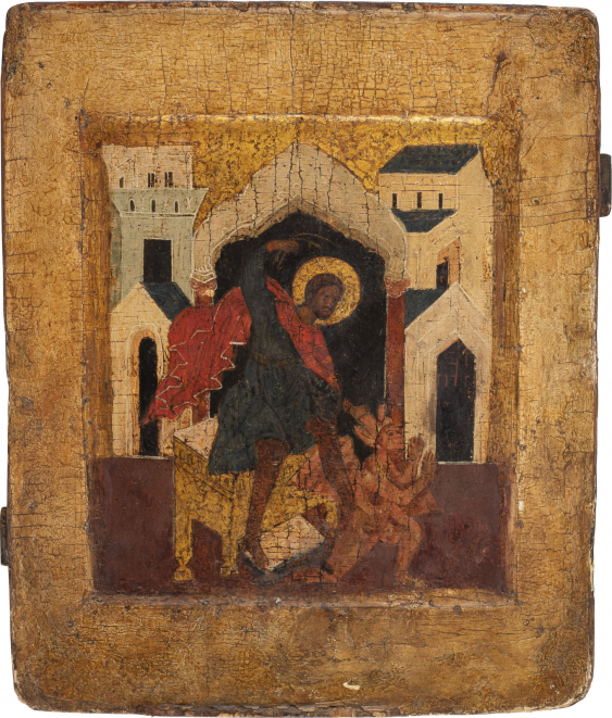 SELTENE IKONE MIT DEM HEILIGEN NIKITA, DER DEN TEUFEL SCHLÄGT