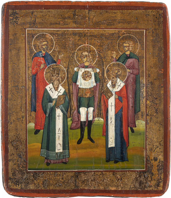 IKONE MIT DEM ERZENGEL MICHAEL UND VIER TIERPATRONEN: FLORUS, LAURUS, MODESTUS UND BLASIUS