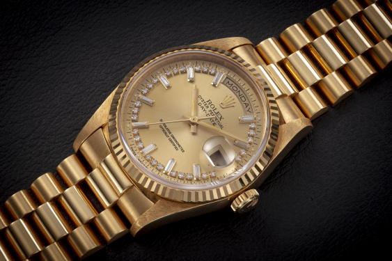 ROLEX, DAY-DATE REF. 18238, A GOLD AUTOMATIC WRISTWATCH WITH DIAMOND ...