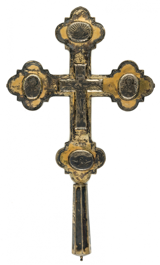 LARGE RUSSIAN SILVER BENEDICTION CROSS WITH NIELLO APPLICATIONS