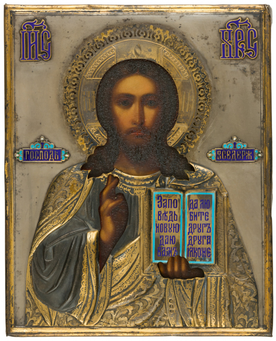 RUSSIAN SILVER OKLAD ICON SHOWING CHRIST PANTOKRATOR
