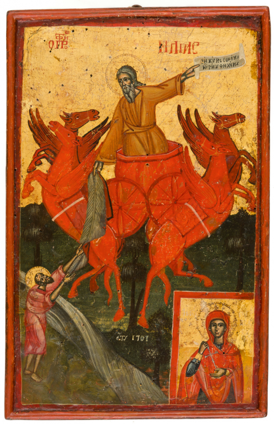 LARGE GREEK ICON SHOWING THE ASCENSION OF ST. PROPHET ELIJAH