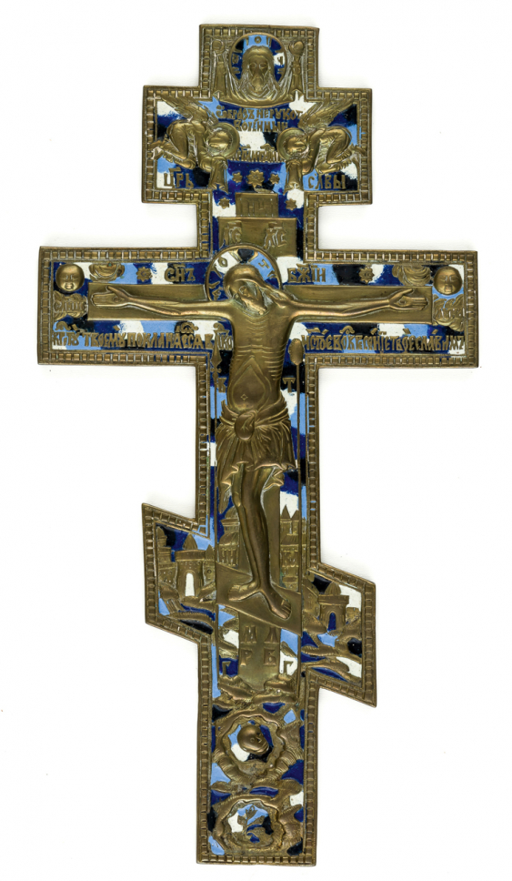 FOUR TIMES ENAMELLED RUSSIAN METAL BENEDICTION CROSS