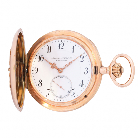 IWC Schaffhausen heavy goldsavonette pocket watch with applied monogram.