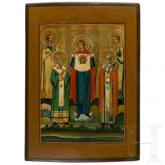 Ikone mit dem Erzengel Michael und den Heiligen Florus und Laurus, Russland, um 1900 ...