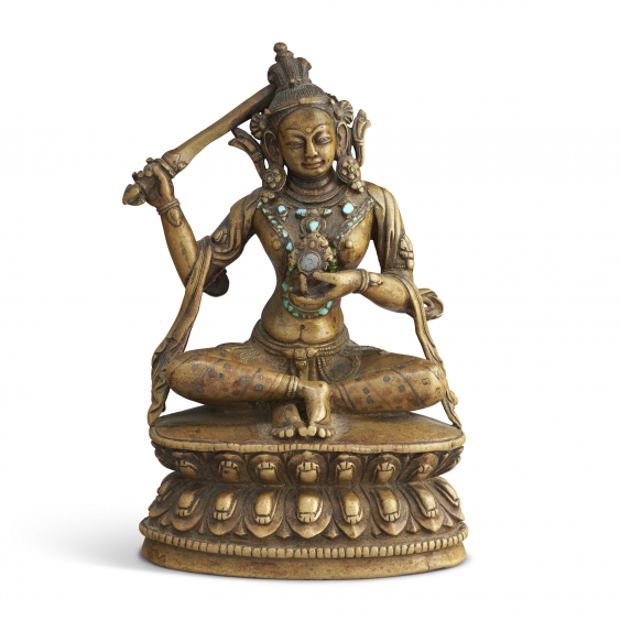 A RARE COPPER AND SILVER-INLAID FIGURE OF MAHA PRATISARA