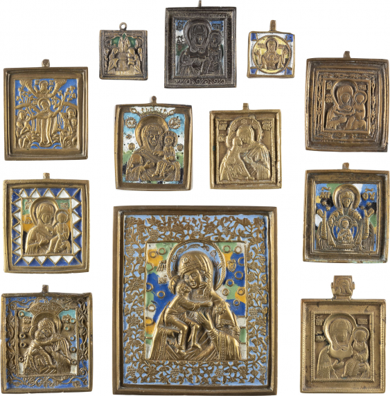 TWELVE BRASS ICONS SHOWING THE IMAGES OF THE MOTHER OF G