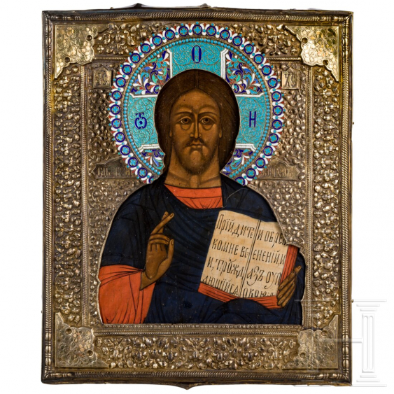 Ikone des Christus Pantokrator mit Cloisonné-Emaille-Silberriza, Russland, 19. Jhdt. (Ikone) bzw ...