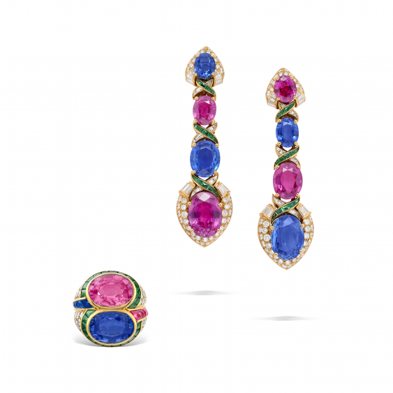 BULGARI SET OF COLOURED SAPPHIRE, SAPPHIRE, EMERALD AND DIAMOND JEWELLERY