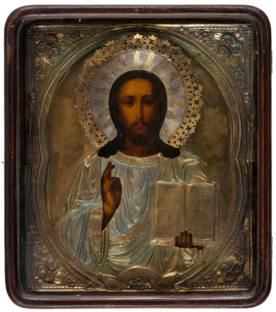 CHRISTUS PANTOKRATOR, russische Ikone mit Silberoklad, Moskau 1885